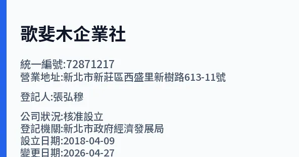 歌斐木企業社的照片-統編 72871217(新北市) 公司登記資料與營業項目詳細圖表