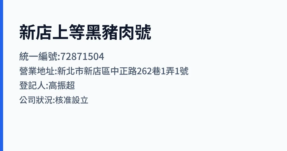 新店上等黑豬肉號 - 統編 72871504(新北市) 公司登記資料與營業項目詳細圖表