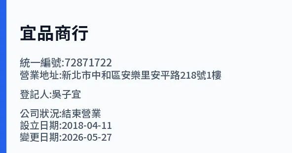 宜品商行的照片-統編 72871722(新北市) 公司登記資料與營業項目詳細圖表