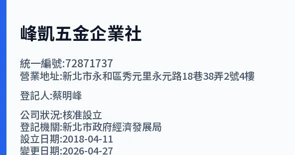 峰凱五金企業社的照片-統編 72871737(新北市) 公司登記資料與營業項目詳細圖表
