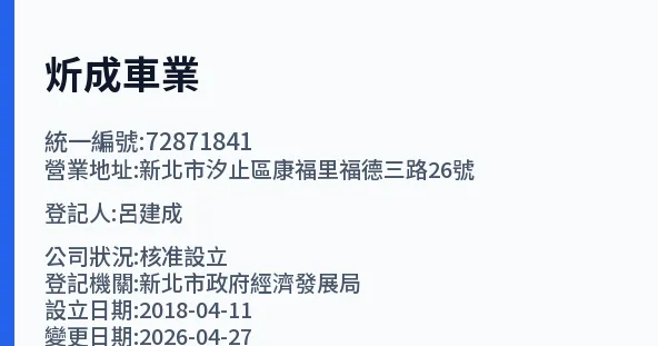 炘成車業的照片-統編 72871841(新北市) 公司登記資料與營業項目詳細圖表
