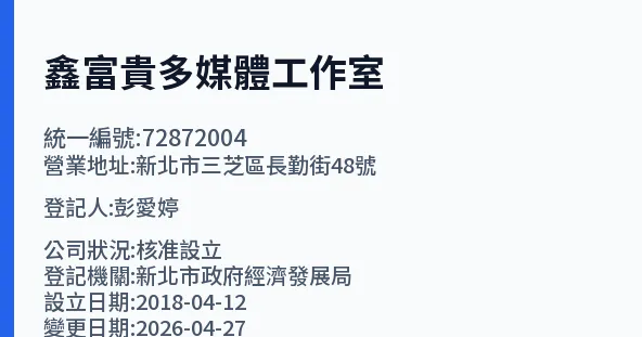 鑫富貴多媒體工作室的照片-統編 72872004(新北市) 公司登記資料與營業項目詳細圖表