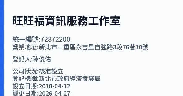 旺旺福資訊服務工作室的照片-統編 72872200(新北市) 公司登記資料與營業項目詳細圖表