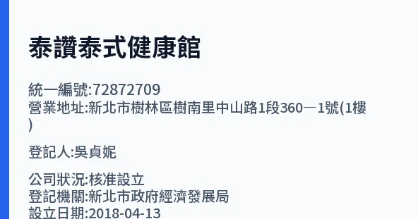 泰讚泰式健康館的照片-統編 72872709(新北市) 公司登記資料與營業項目詳細圖表