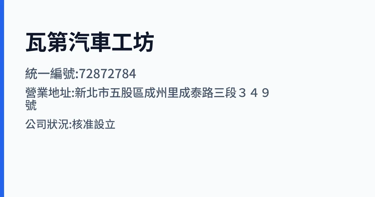 瓦第汽車工坊 - 統編 72872784(新北市) 公司登記資料與營業項目詳細圖表