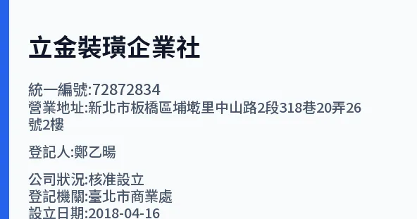 立金裝璜企業社的照片-統編 72872834(新北市) 公司登記資料與營業項目詳細圖表