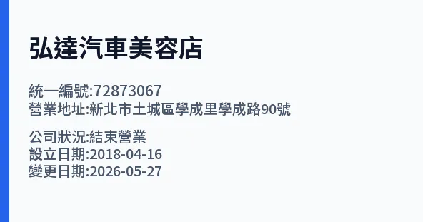 弘達汽車美容店的照片-統編 72873067(新北市) 公司登記資料與營業項目詳細圖表
