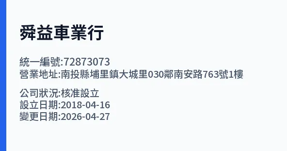 舜益車業行的照片-統編 72873073(南投縣) 公司登記資料與營業項目詳細圖表