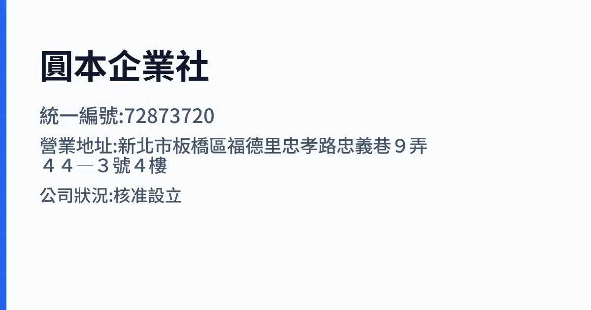 圓本企業社 - 統編 72873720(新北市) 公司登記資料與營業項目詳細圖表