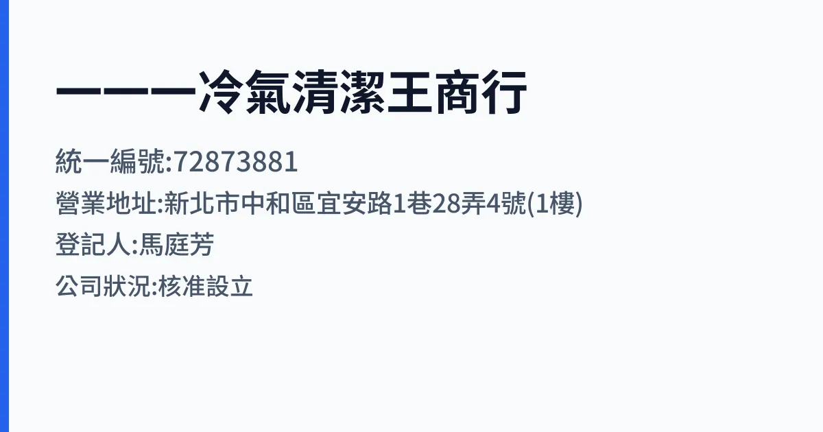 一一一冷氣清潔王商行 - 統編 72873881(臺北市) 公司登記資料與營業項目詳細圖表