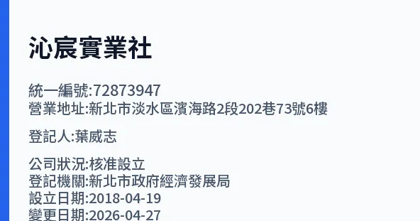 沁宸實業社的照片-統編 72873947(新北市) 公司登記資料與營業項目詳細圖表