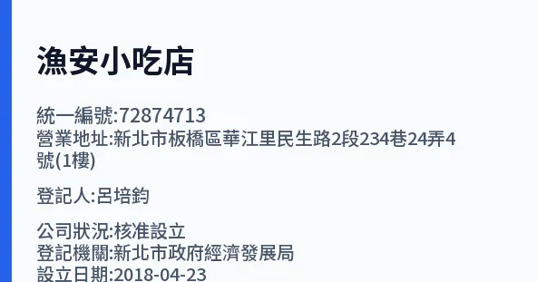 漁安小吃店的照片-統編 72874713(新北市) 公司登記資料與營業項目詳細圖表