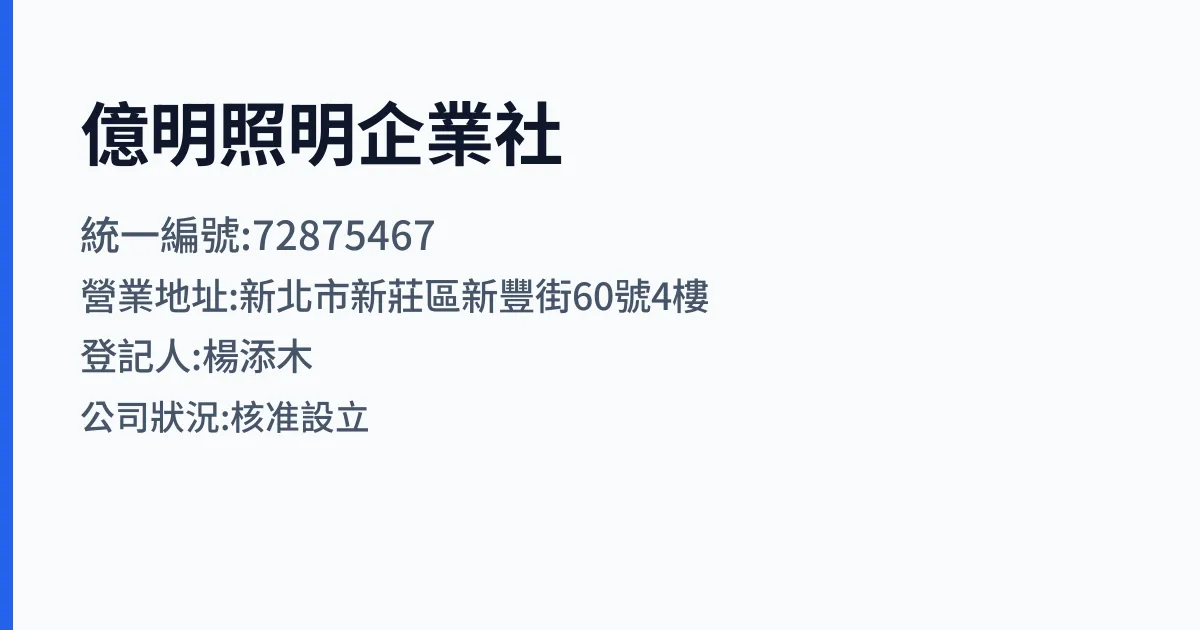 億明照明企業社 - 統編 72875467(新北市) 公司登記資料與營業項目詳細圖表
