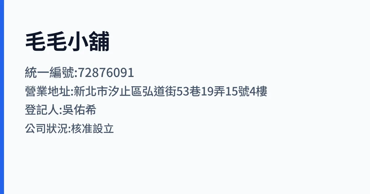 毛毛小舖 - 統編 72876091(桃園市) 公司登記資料與營業項目詳細圖表