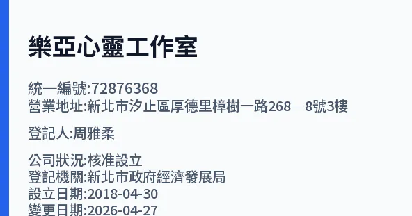 樂亞心靈工作室的照片-統編 72876368(新北市) 公司登記資料與營業項目詳細圖表