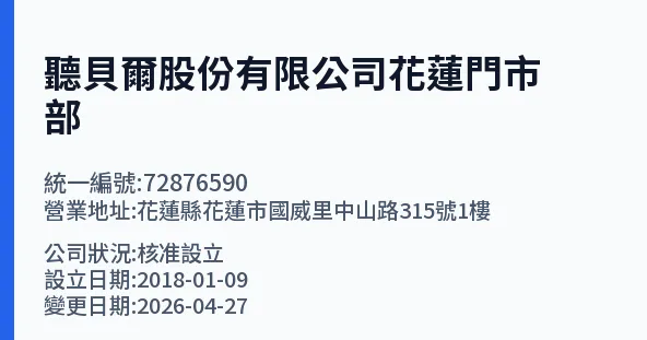 聽貝爾股份有限公司花蓮門市部的照片-統編 72876590(花蓮縣) 公司登記資料與營業項目詳細圖表