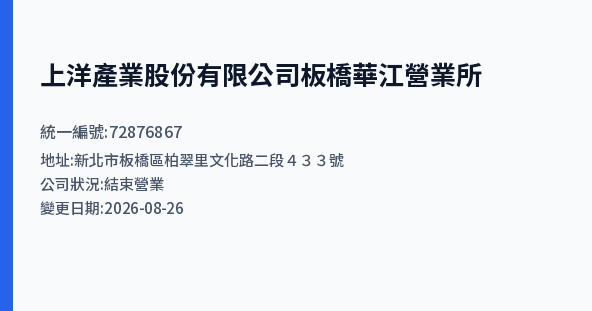 上洋產業股份有限公司板橋華江營業所的照片-統編 72876867(新北市) 公司登記資料與營業項目詳細圖表