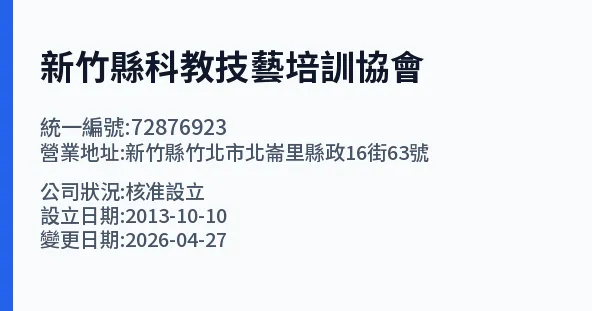 新竹縣科教技藝培訓協會的照片-統編 72876923(新竹縣) 公司登記資料與營業項目詳細圖表