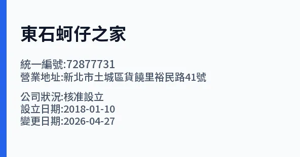 東石蚵仔之家的照片-統編 72877731(新北市) 公司登記資料與營業項目詳細圖表