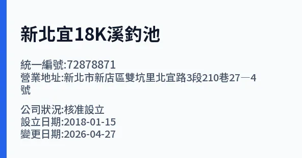 新北宜18K溪釣池的照片-統編 72878871(新北市) 公司登記資料與營業項目詳細圖表