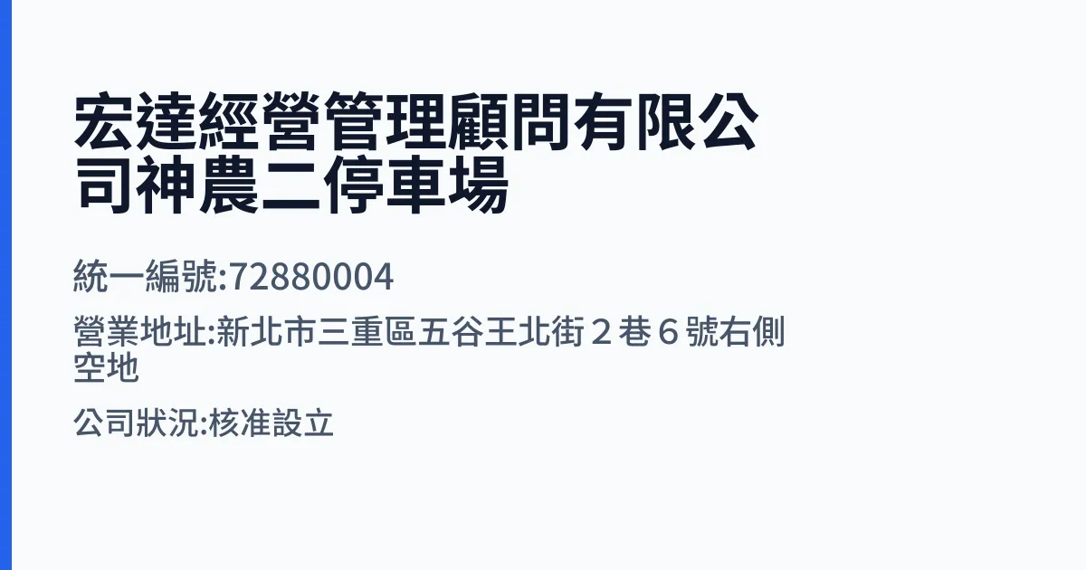 宏達經營管理顧問有限公司神農二停車場 - 統編 72880004(新北市) 公司登記資料與營業項目詳細圖表