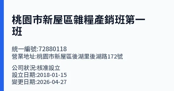 桃園市新屋區雜糧產銷班第一班的照片-統編 72880118(桃園市) 公司登記資料與營業項目詳細圖表