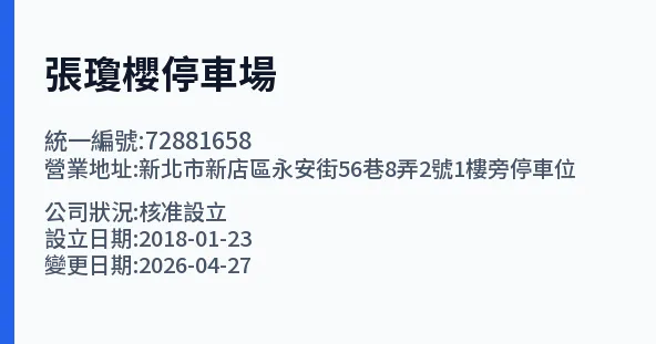 張瓊櫻停車場的照片-統編 72881658(新北市) 公司登記資料與營業項目詳細圖表