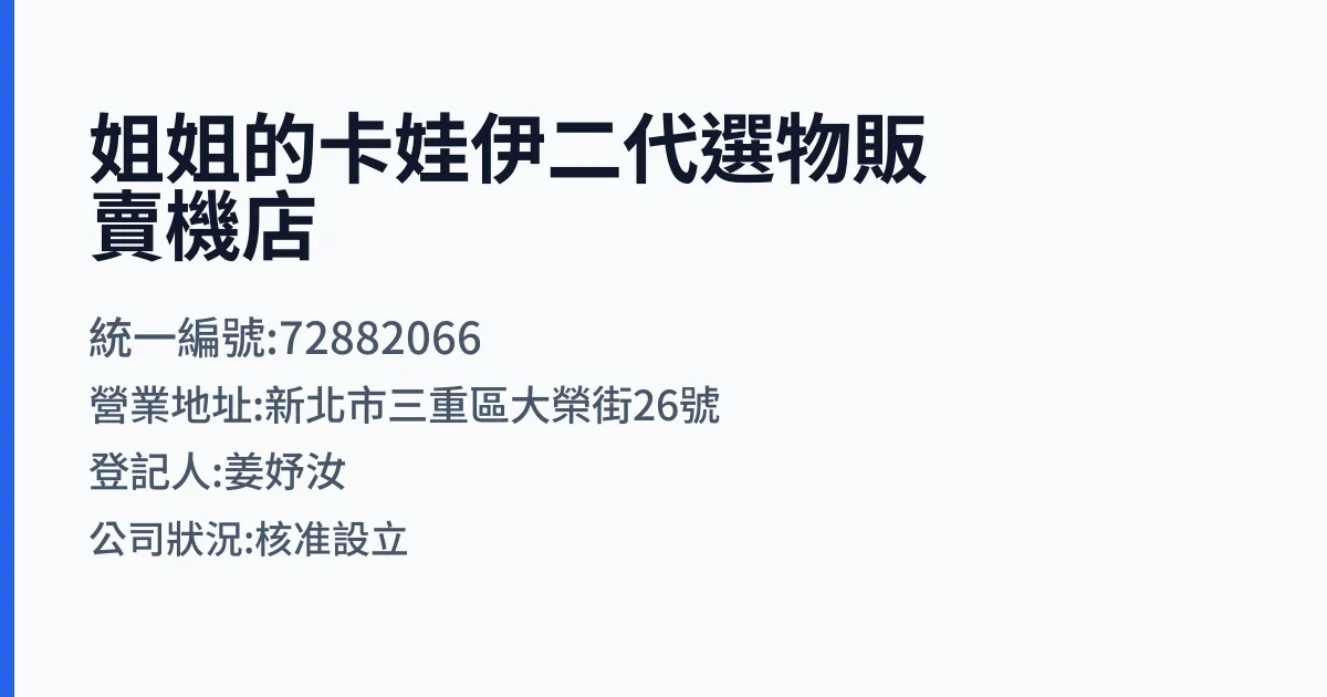 姐姐的卡娃伊二代選物販賣機店 - 統編 72882066(新北市) 公司登記資料與營業項目詳細圖表