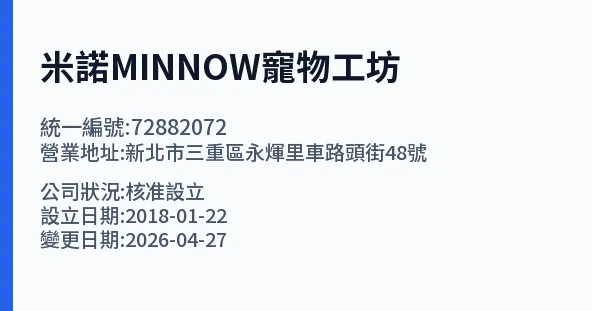 米諾MINNOW寵物工坊的照片-統編 72882072(新北市) 公司登記資料與營業項目詳細圖表