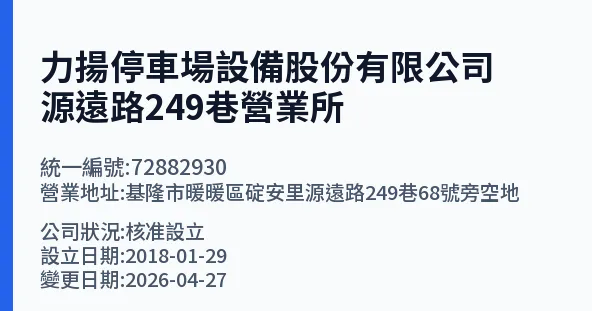 力揚停車場設備股份有限公司源遠路249巷營業所的照片-統編 72882930(基隆市) 公司登記資料與營業項目詳細圖表