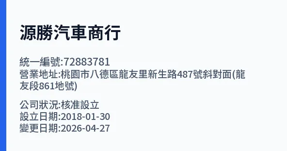 源勝汽車商行的照片-統編 72883781(桃園市) 公司登記資料與營業項目詳細圖表