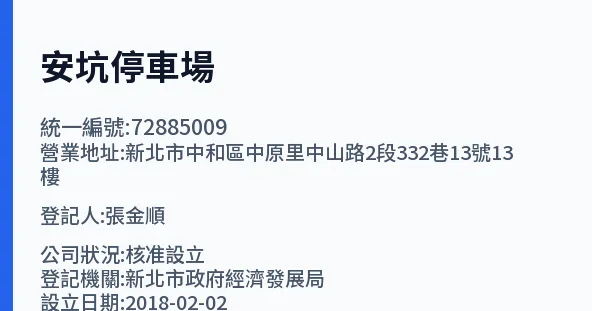 安坑停車場的照片-統編 72885009(新北市) 公司登記資料與營業項目詳細圖表