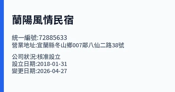 蘭陽風情民宿的照片-統編 72885633(宜蘭縣) 公司登記資料與營業項目詳細圖表
