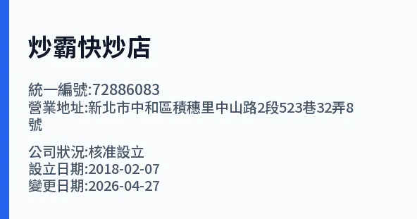 炒霸快炒店的照片-統編 72886083(新北市) 公司登記資料與營業項目詳細圖表