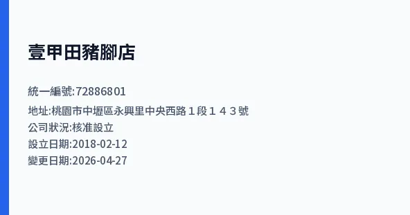 壹甲田豬腳店的照片-統編 72886801(桃園市) 公司登記資料與營業項目詳細圖表