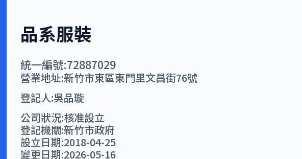 品系服裝的照片-統編 72887029(新竹市) 公司登記資料與營業項目詳細圖表