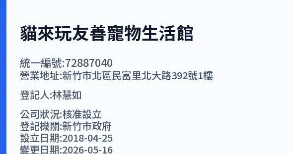 貓來玩友善寵物生活館的照片-統編 72887040(新竹市) 公司登記資料與營業項目詳細圖表