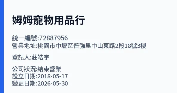 姆姆寵物用品行的照片-統編 72887956(桃園市) 公司登記資料與營業項目詳細圖表
