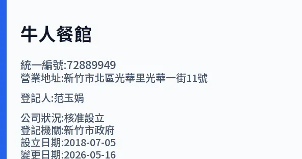牛人餐館的照片-統編 72889949(新竹市) 公司登記資料與營業項目詳細圖表