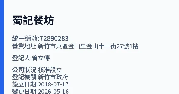 蜀記餐坊的照片-統編 72890283(新竹市) 公司登記資料與營業項目詳細圖表