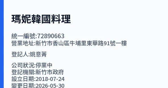 瑪妮韓國料理的照片-統編 72890663(新竹市) 公司登記資料與營業項目詳細圖表
