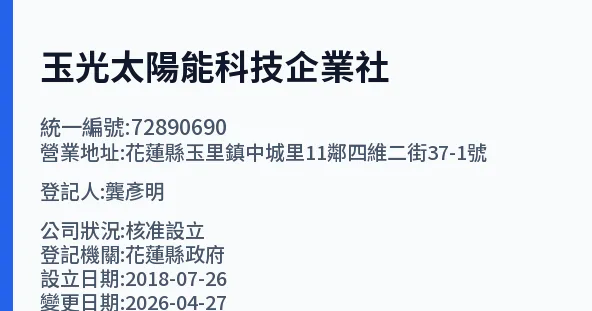 玉光太陽能科技企業社的照片-統編 72890690(花蓮縣) 公司登記資料與營業項目詳細圖表