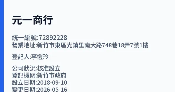 元一商行的照片-統編 72892228(新竹市) 公司登記資料與營業項目詳細圖表