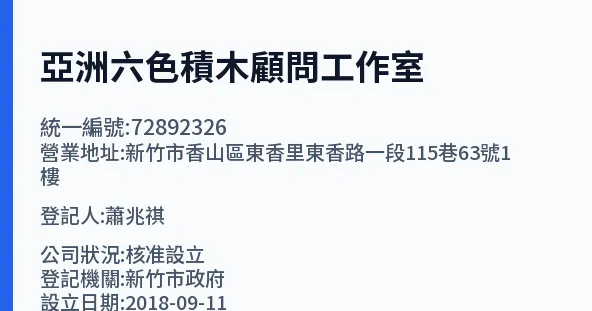亞洲六色積木顧問工作室的照片-統編 72892326(新竹市) 公司登記資料與營業項目詳細圖表