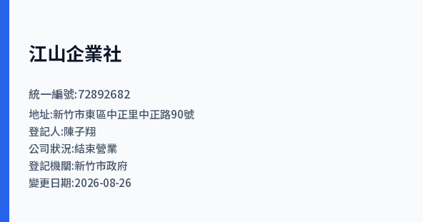 江山企業社的照片-統編 72892682(新竹市) 公司登記資料與營業項目詳細圖表