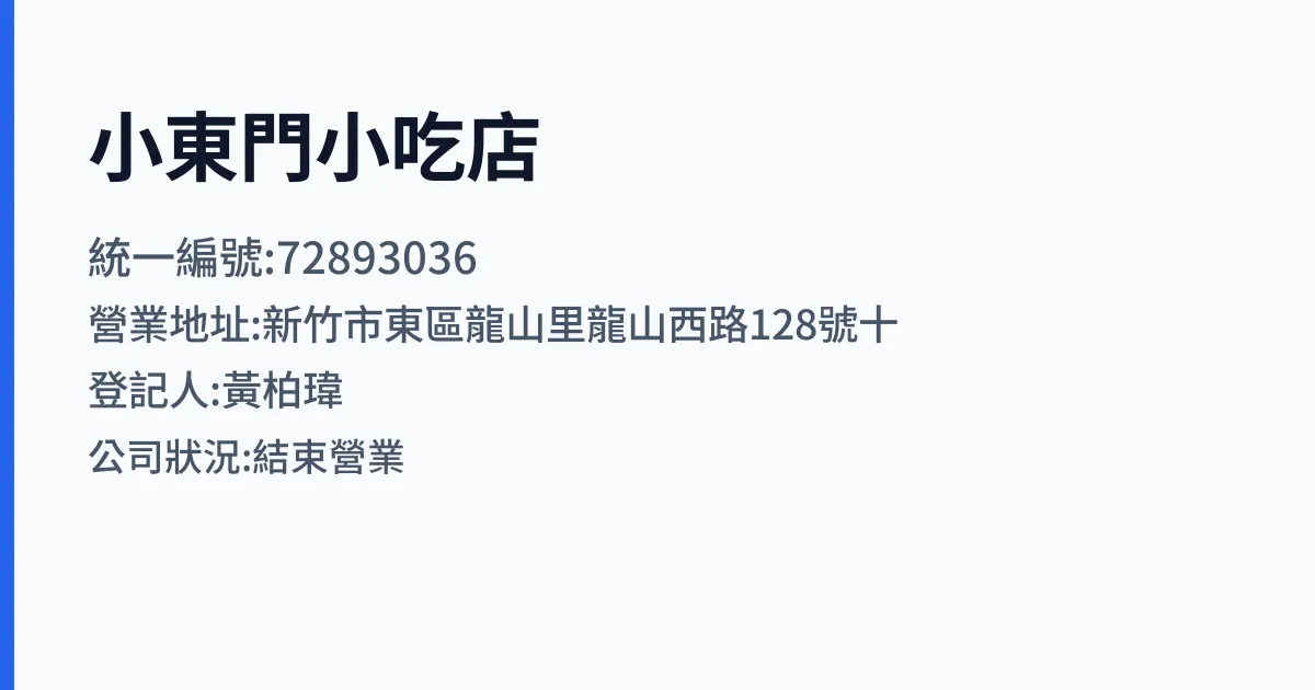 小東門小吃店 - 統編 72893036(新竹市) 公司登記資料與營業項目詳細圖表