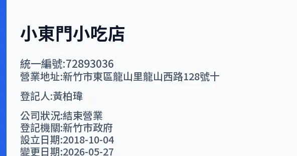 小東門小吃店的照片-統編 72893036(新竹市) 公司登記資料與營業項目詳細圖表