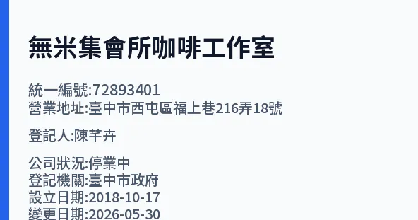 無米集會所咖啡工作室的照片-統編 72893401(臺中市) 公司登記資料與營業項目詳細圖表