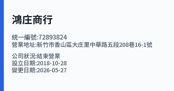 鴻庄商行的照片-統編 72893824(新竹市) 公司登記資料與營業項目詳細圖表