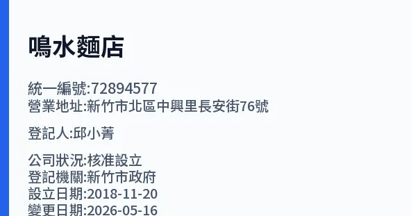 鳴水麵店的照片-統編 72894577(新竹市) 公司登記資料與營業項目詳細圖表